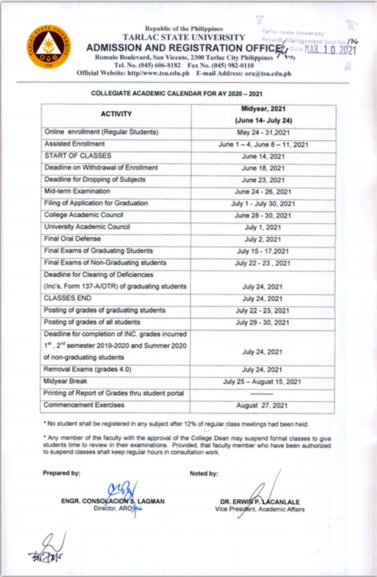 Collegiate Academic Calendar (Midyear) for A.Y. 2020-2021 - Tarlac ...